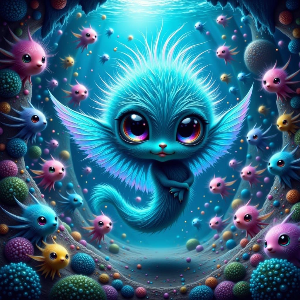 Aquamarine Furry Fish in Whimsical Alien Aquarium - AI Art