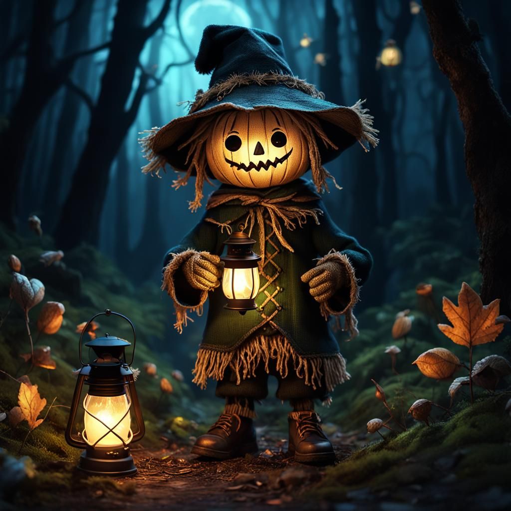 an adorable anthropomorphic chibi scarecrow holding a fairy lantern in ...