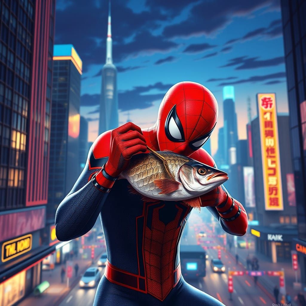 Spiderman eating fish - Spiderman Savoring Fish in Neon City