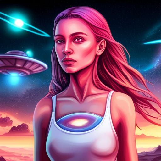 Beautiful Female alien, standing beside UFO, unique space, strange ...