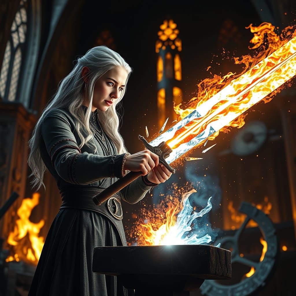 The elven blacksmith, her silver hair glimmering like starlight, shapes ...