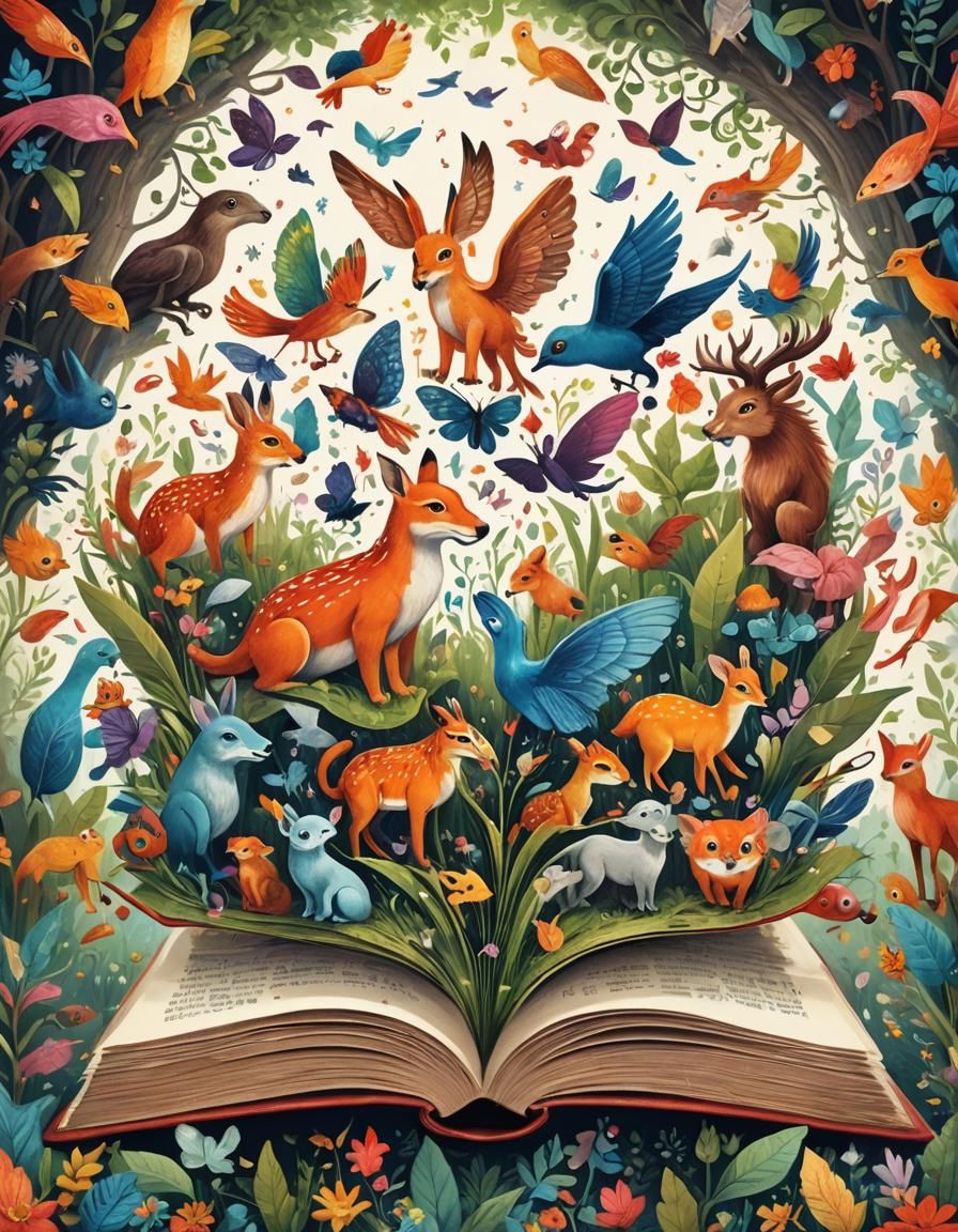 an open magical book with colorful fantastic animals emerging from the ...