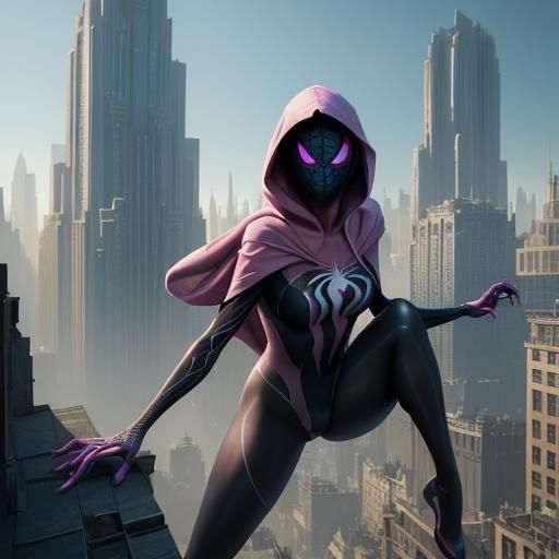 Spider Gwen, with hood and mask, as a colossal giant woman, in a city ...