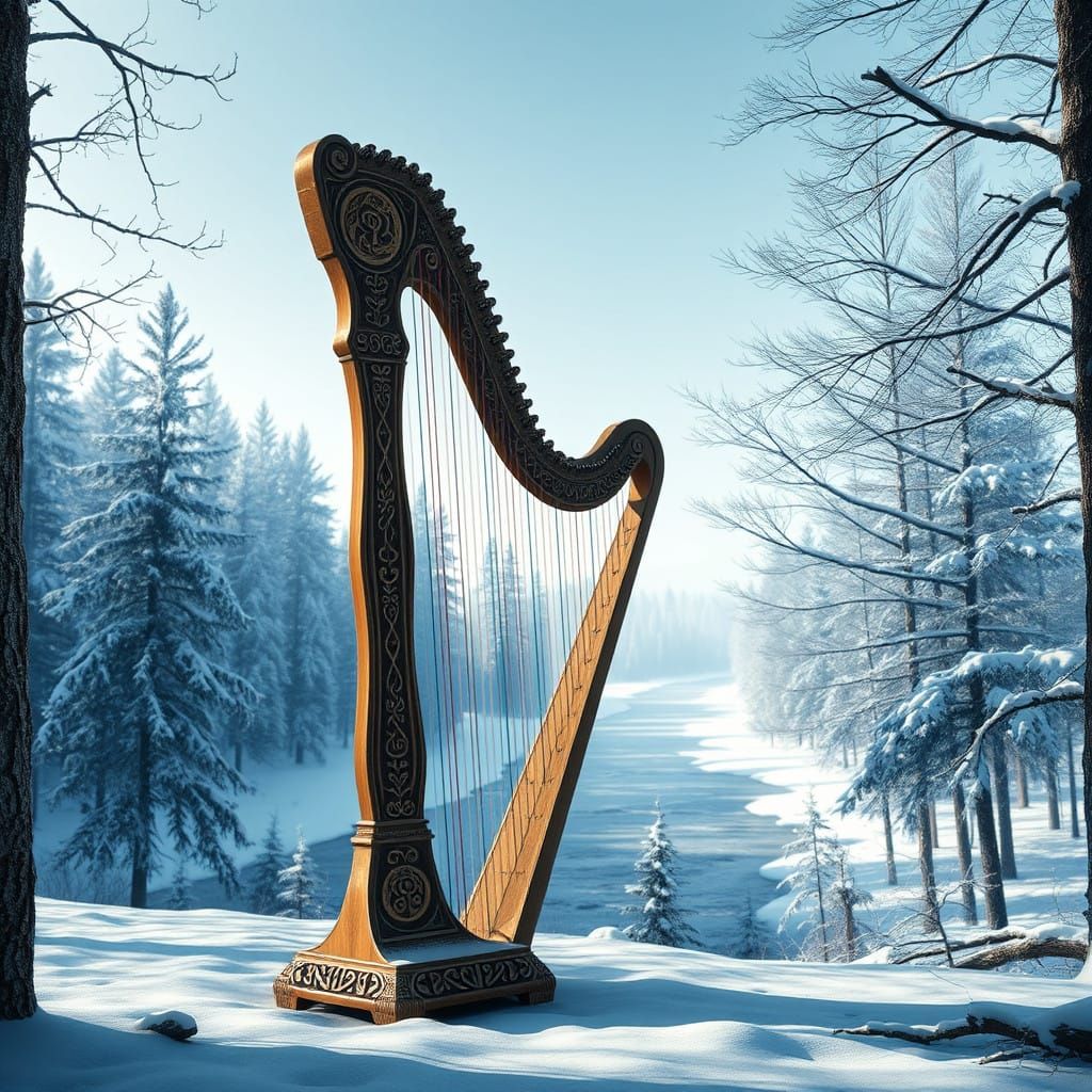Majestic Ancient Irish Harp in Winter Wonderland - AI Art