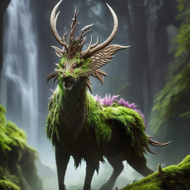 Insanely detailed photograph of majestic epic mossy flower stag dragon ...