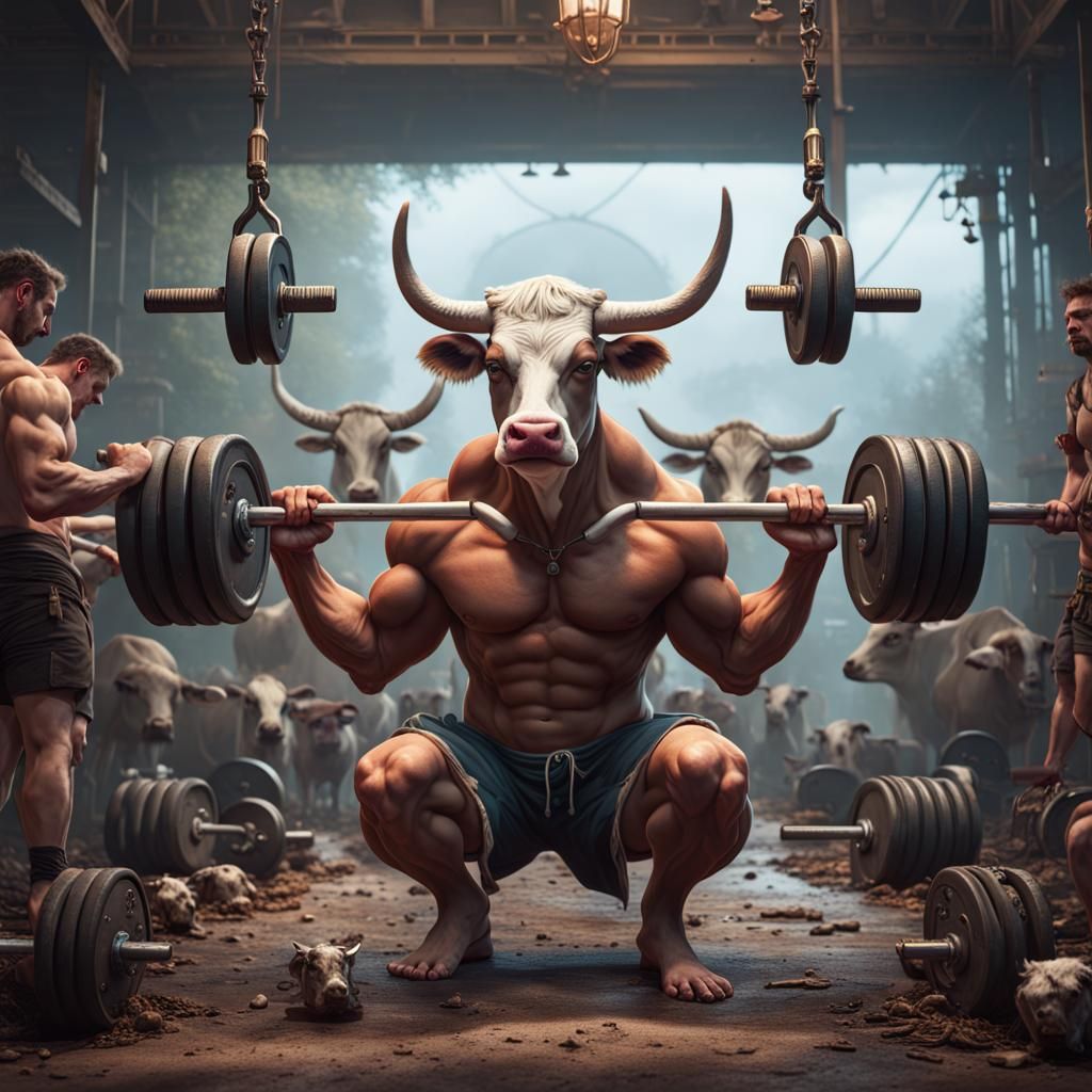 Guys lifting weights with cow heads - AI Generated Artwork - NightCafe ...