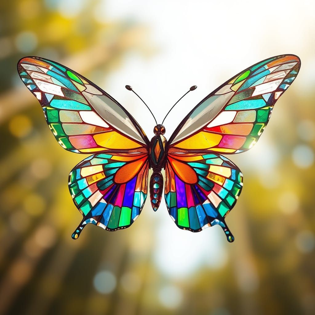 Ethereal Stained Glass Butterfly in Radiant Light - AI Art