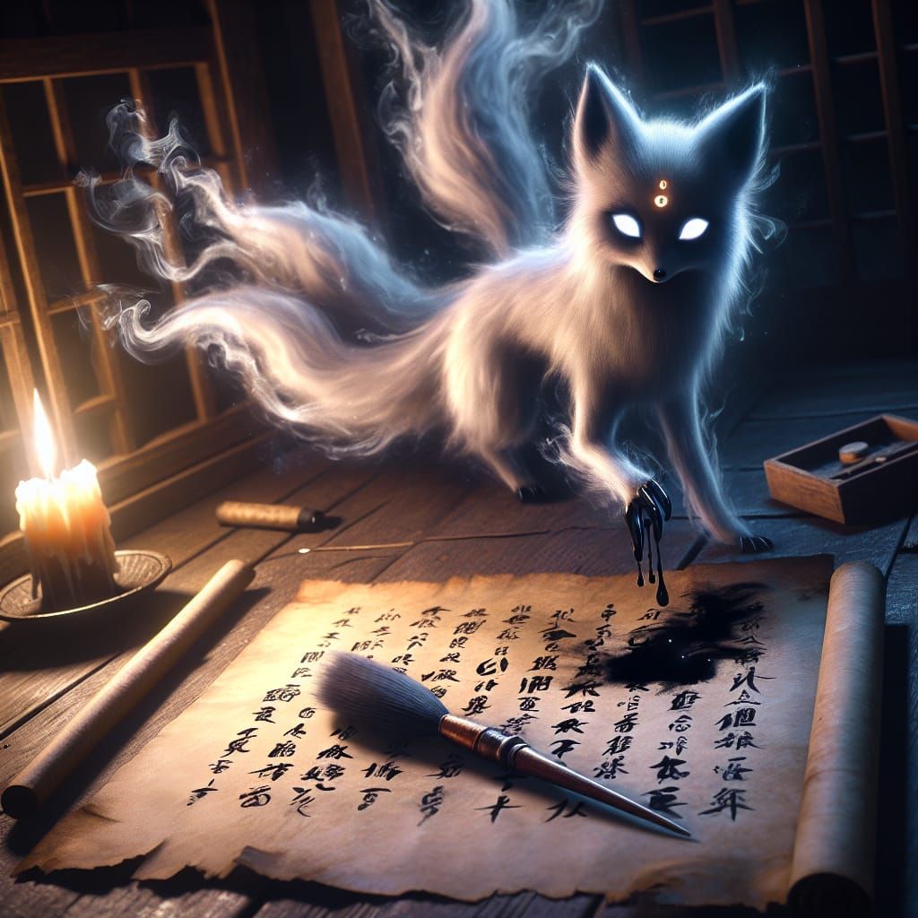 Spectral Fox Amidst Whispers of Ancient Lore - AI Art