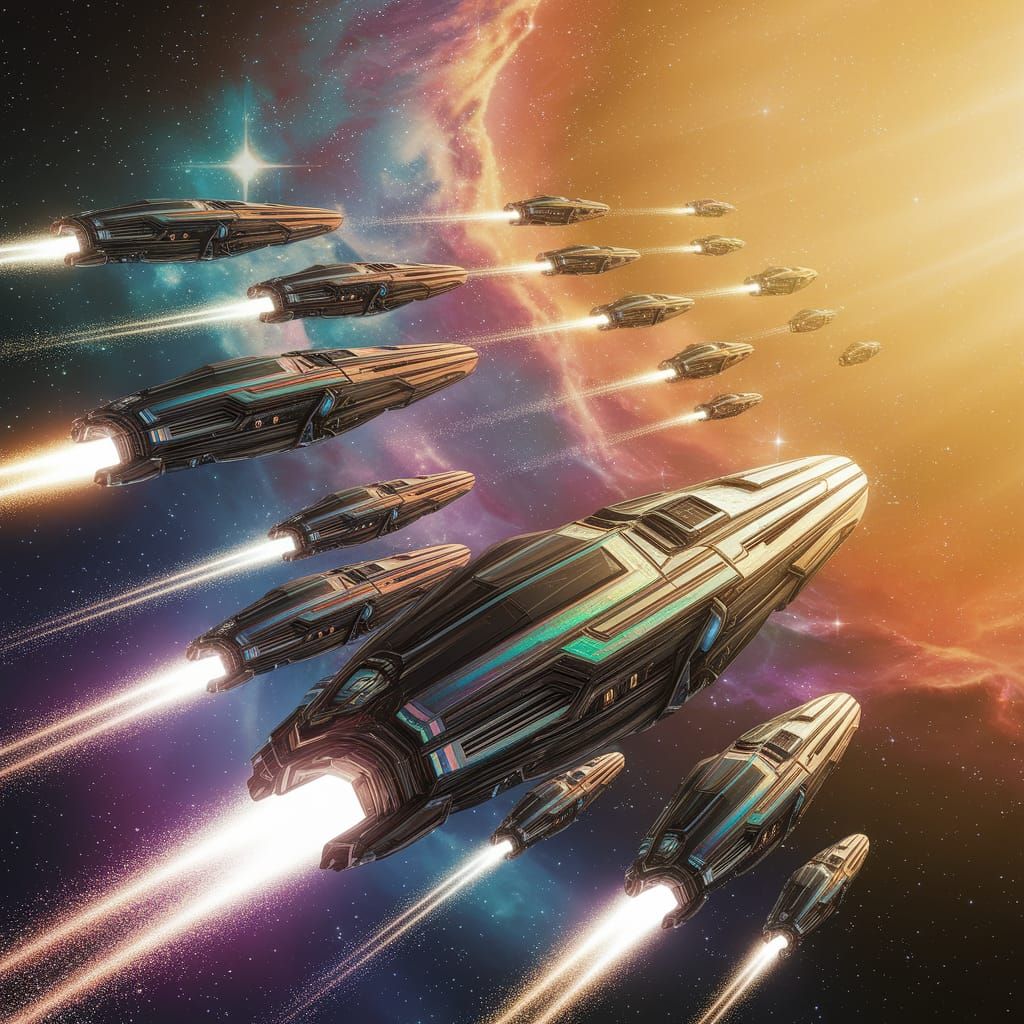 In a distant, starry galaxy, a colossal fleet of interstellar spacecraft.