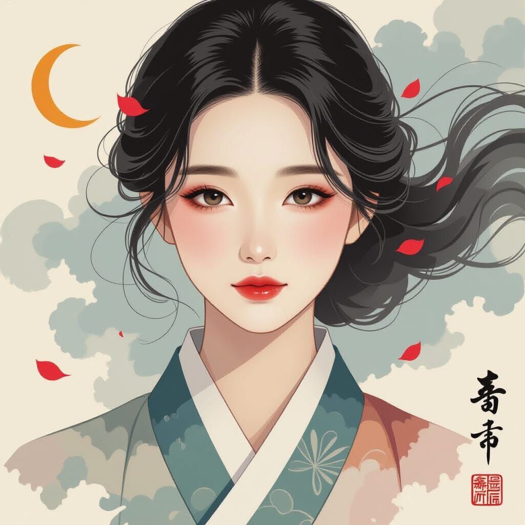 Abstract Korean Woman Portrait in Delicate Line Ar... - AI Art