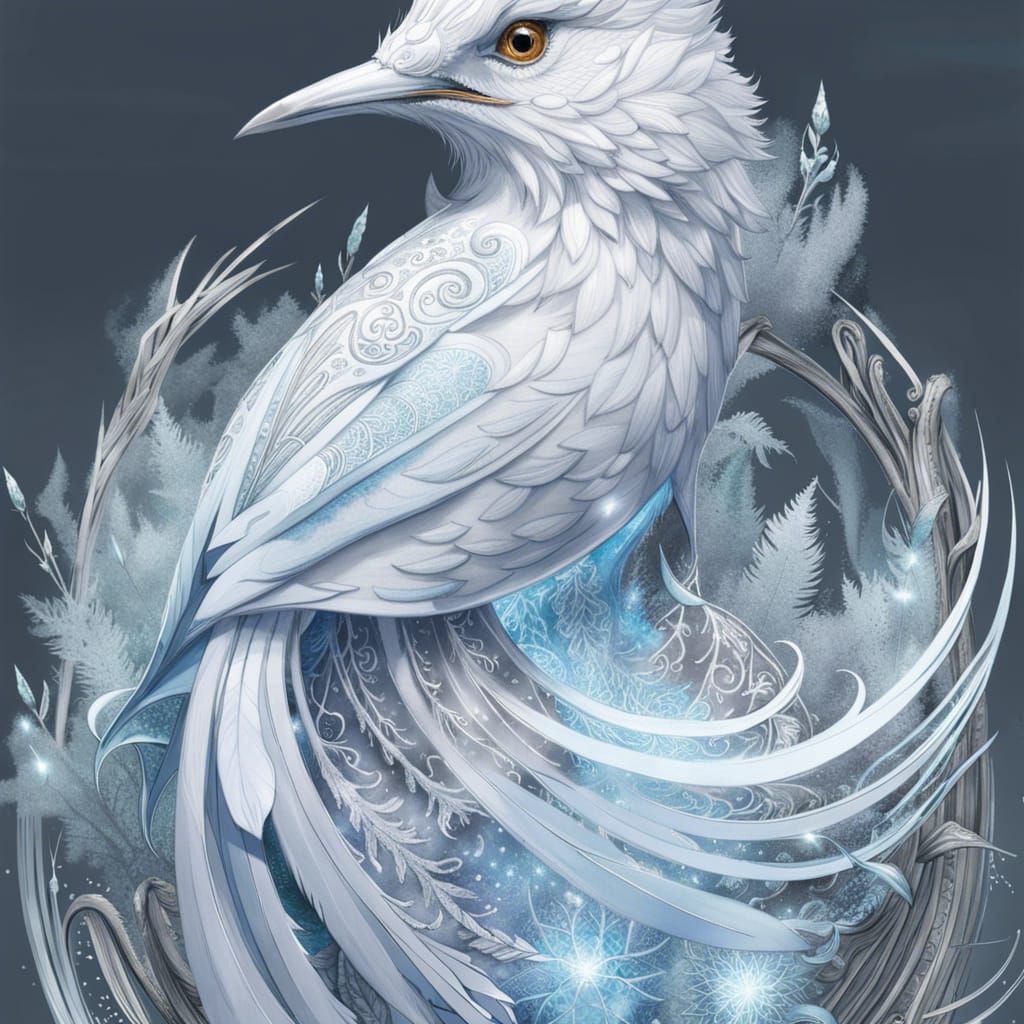 (white and silver) portrait of a magical frost bird, frost aura, frosty ...