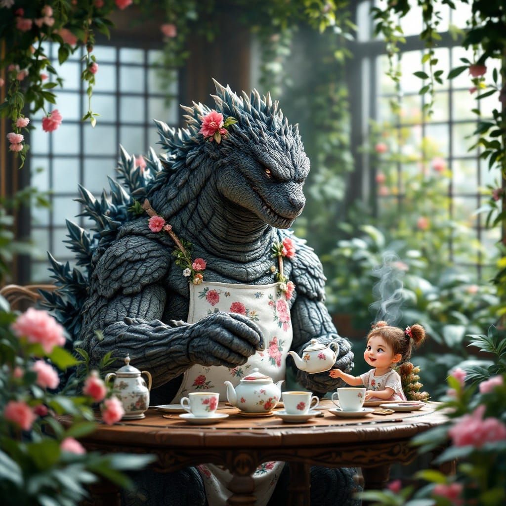 An action portrait of a father Godzilla having a tea party with his ...