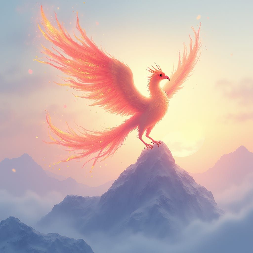 Ethereal Phoenix Ascends Dawn's Misty Mountains - AI Art