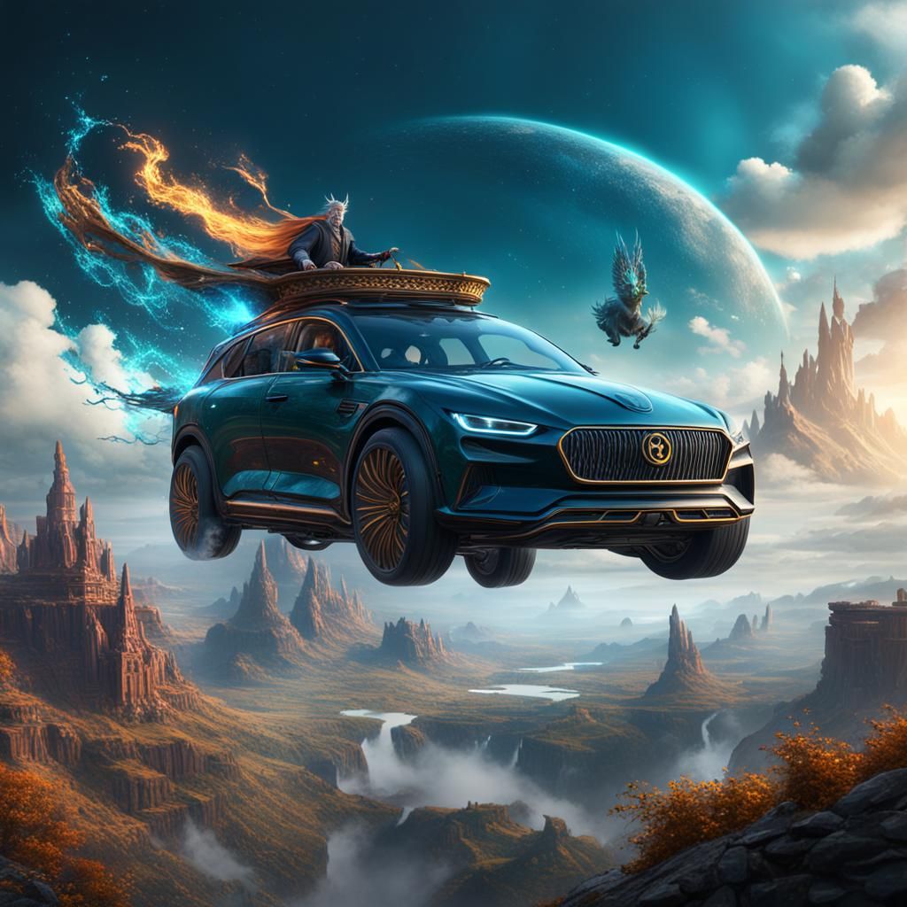 Wizard drives a magical car in the air - AI Generated Artwork ...