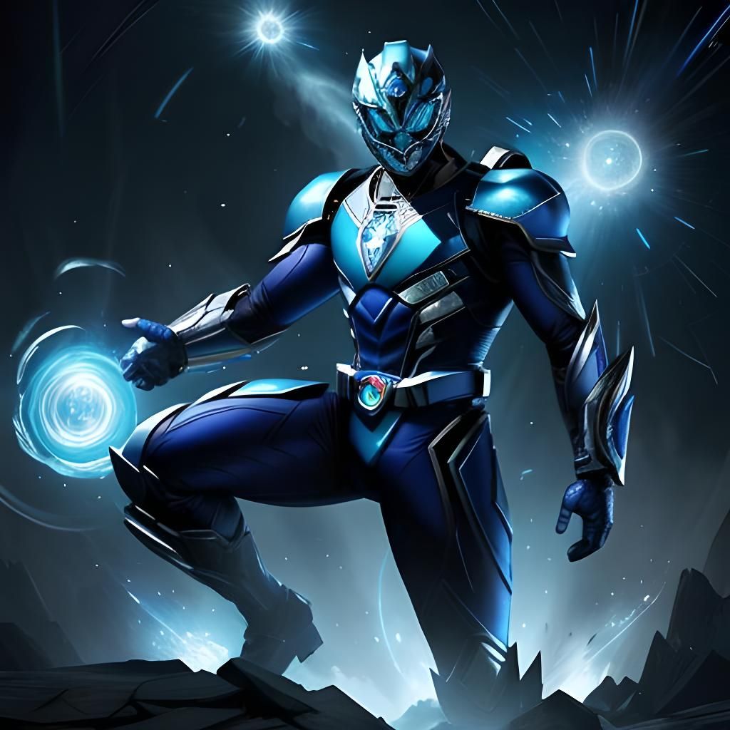 blue power ranger emerging from an unstable portal, sparkling ...