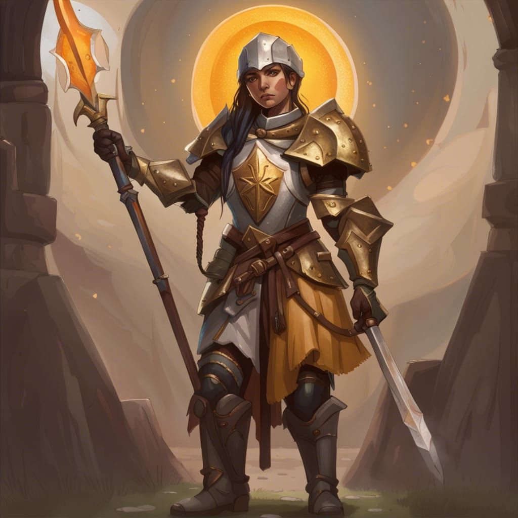 Pathfinder cleric of Sarenae in full platemail armor, holding longspear ...
