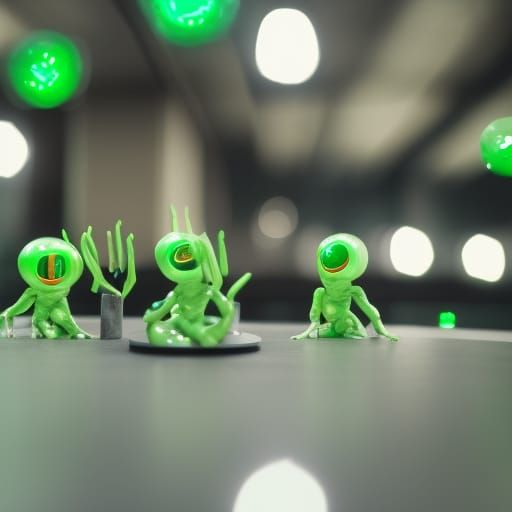 Green aliens in a grey room sitting around a table arguing, a black ...