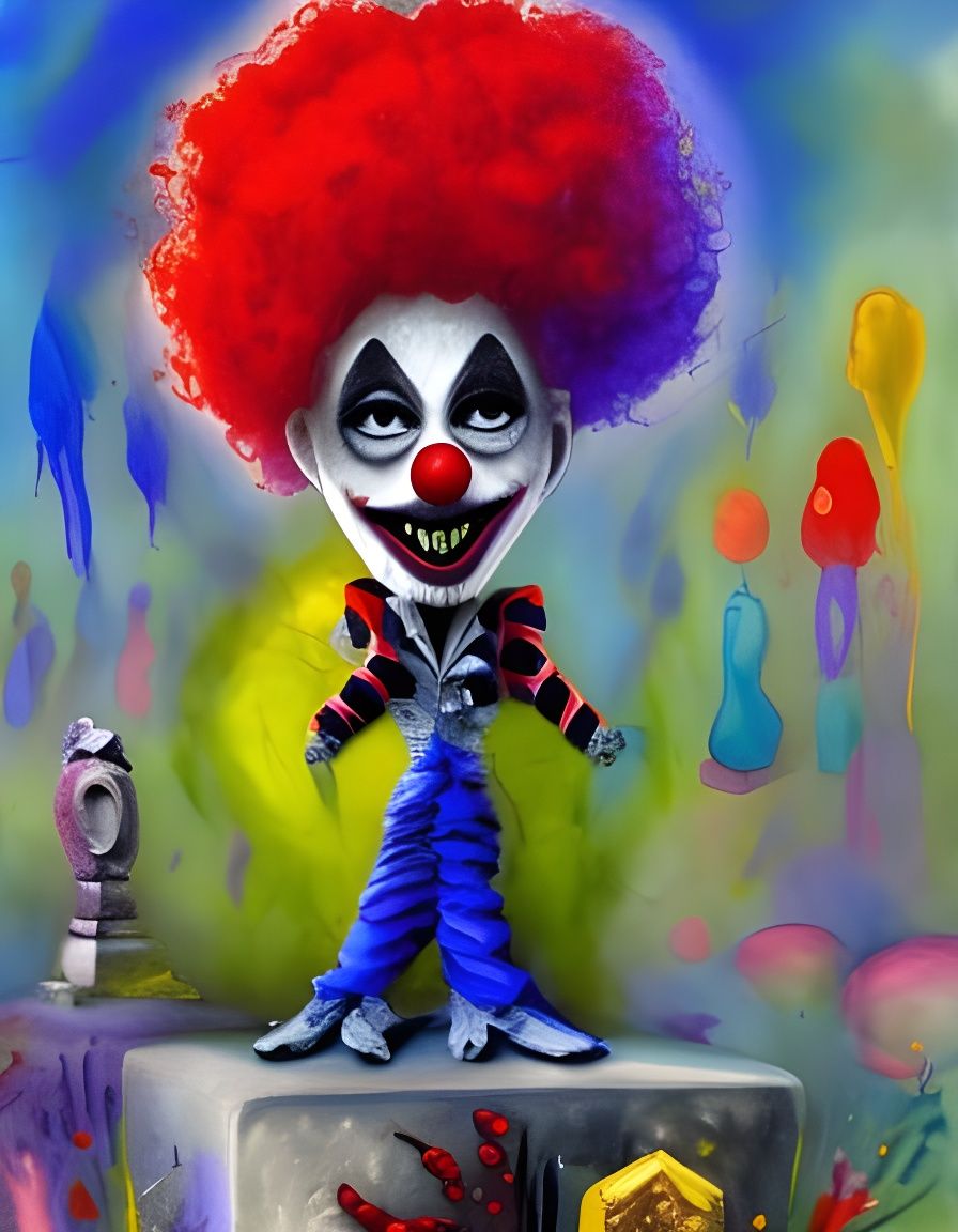 Creepy clown sitting on a headstone, Tim Burton, splash, oil on canvas ...
