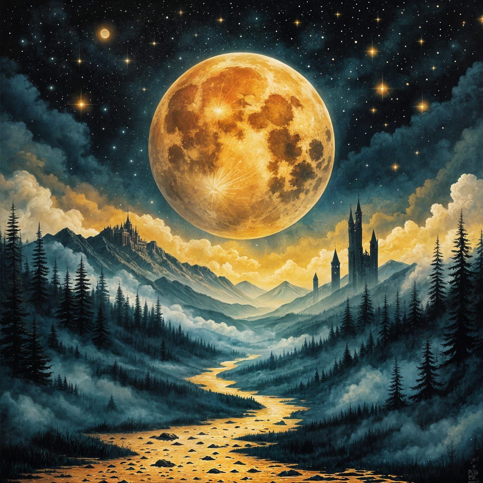 Golden Moon - Ethereal Dreamscape: Golden Moonlit Pathway in...