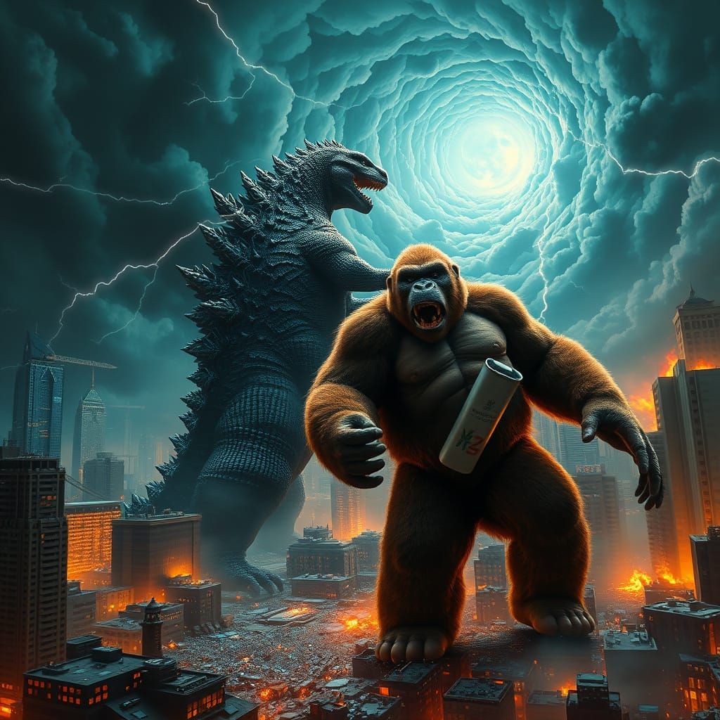 Godzilla vs king kong - Titans Clash in Cyberpunk Cityscape