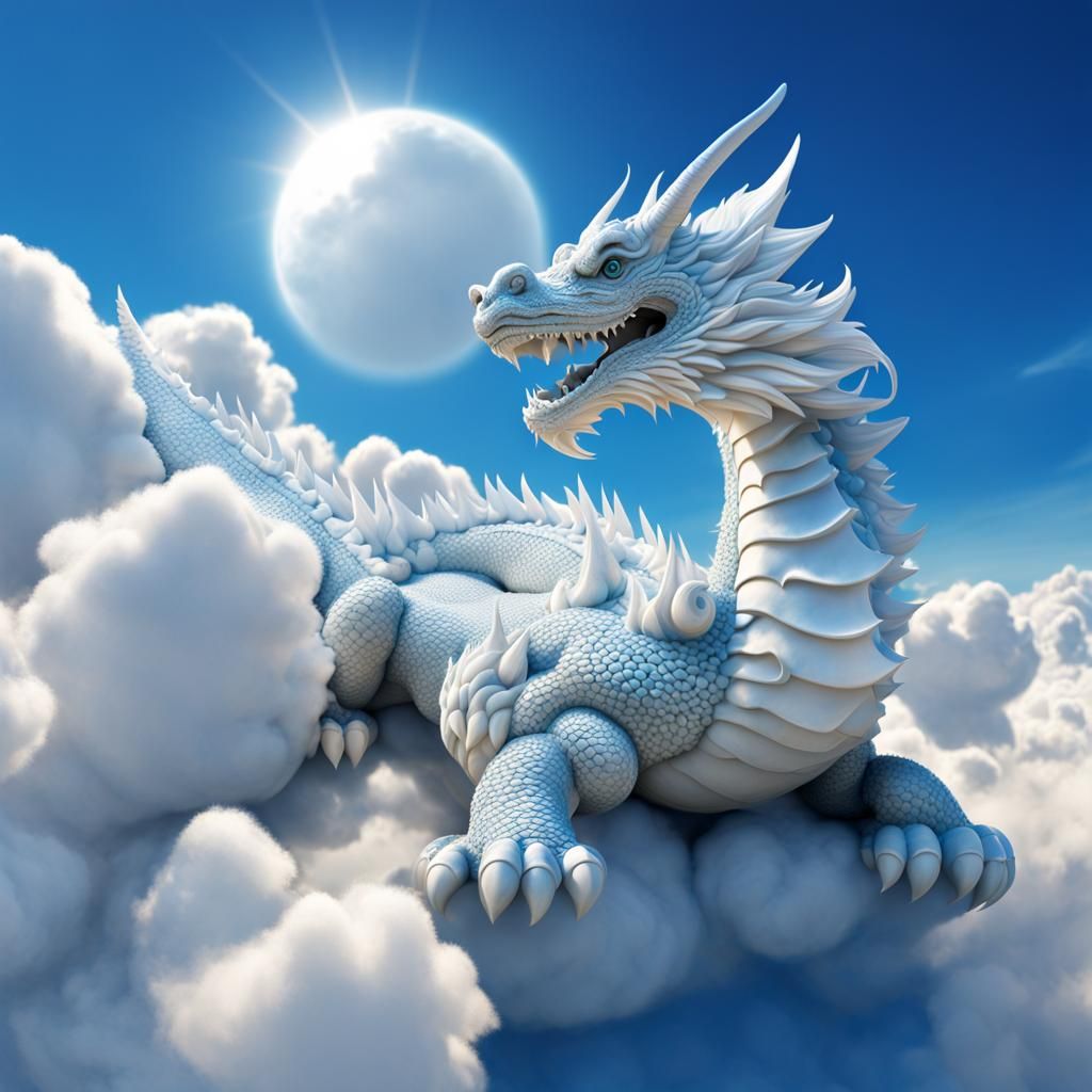 A cloud dragon resting in the sky. The dragon is made of white clouds ...