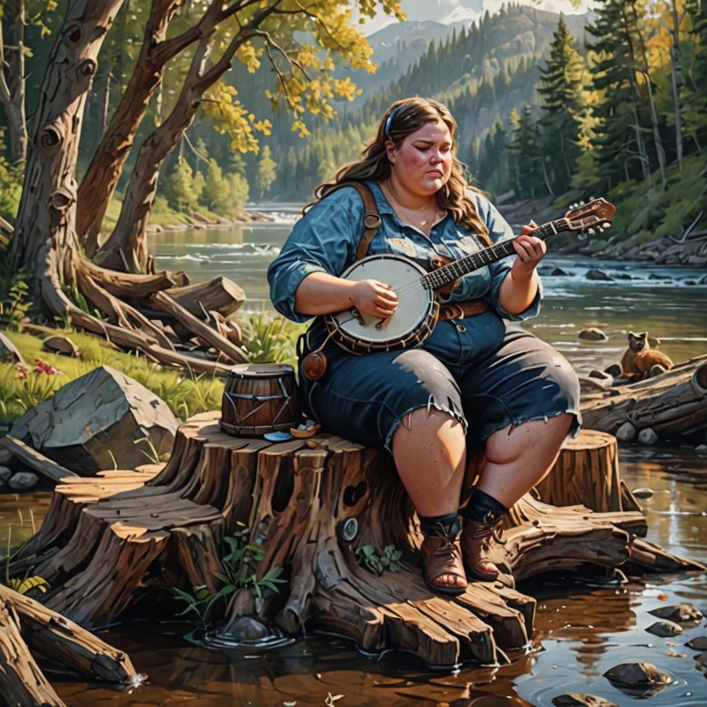 very obese girl sitting on a stump playing banjo near a river - AI ...