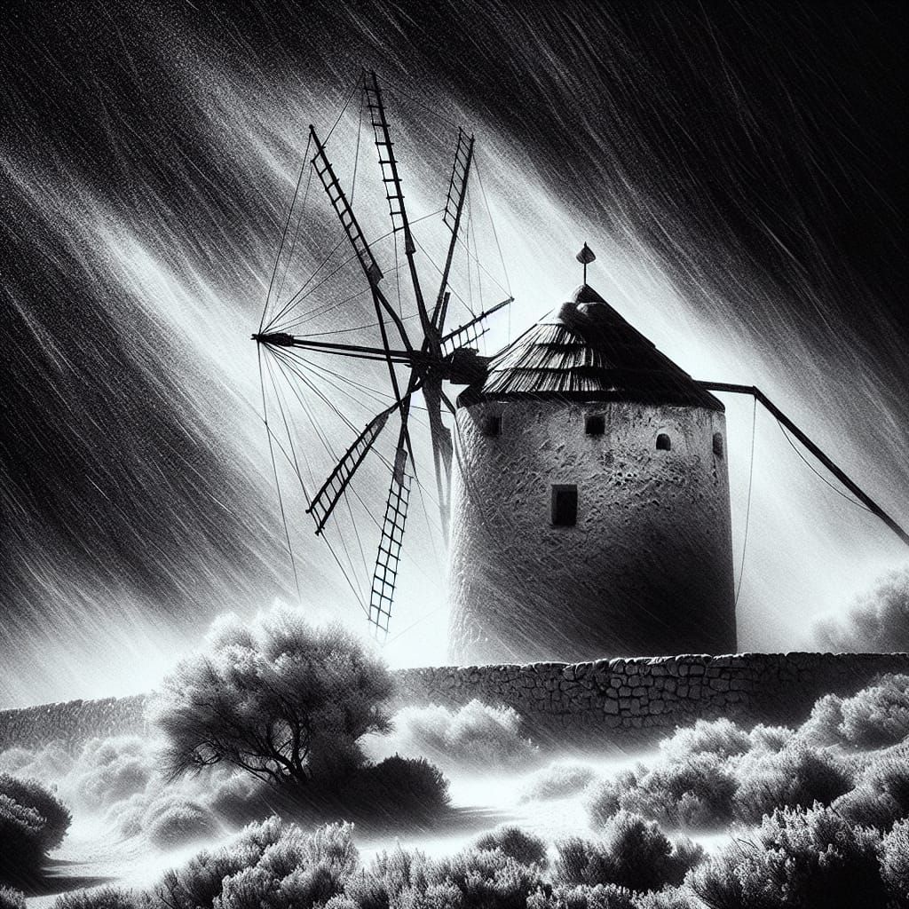 5 images (1): Monochrome. Windmill defies the weather. - AI Generated ...