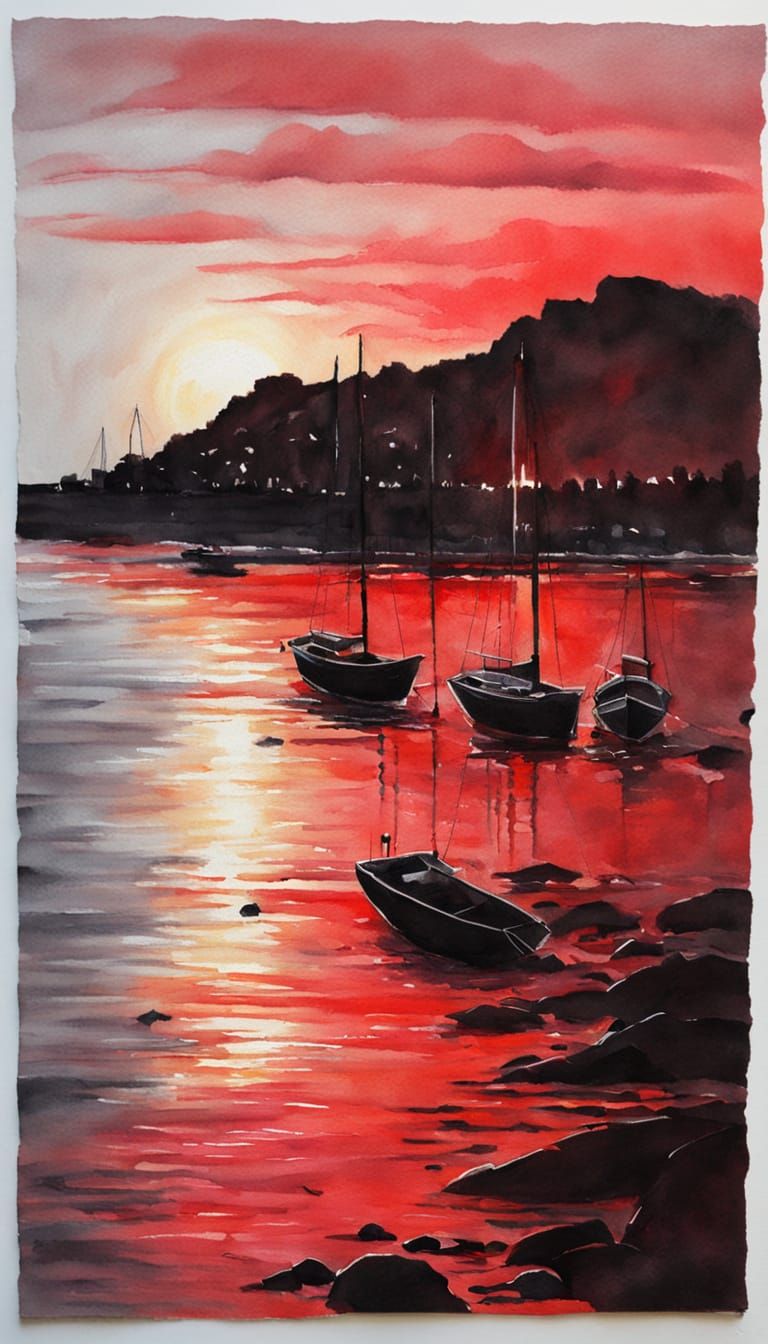 A ruby red sunset at the seaside gouache detailed painting
