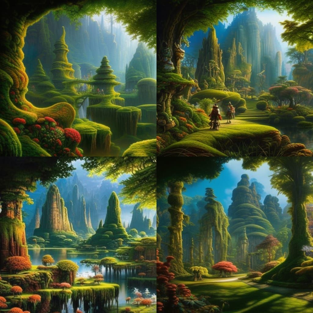 a beautiful complex fantasy landscape with trees and rock formations ...