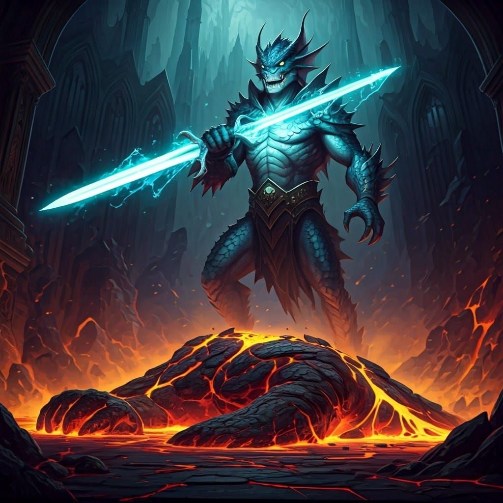 Water Monster Triumphs Over Lava Beast in Dark Fan... - AI Art