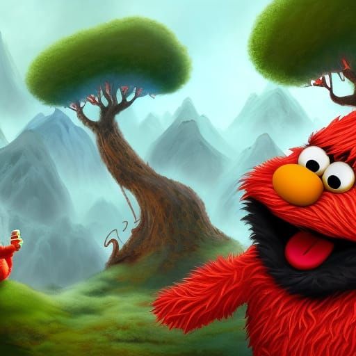 funny fat little cave man dressed up as Elmo eating cheese on a tree on ...