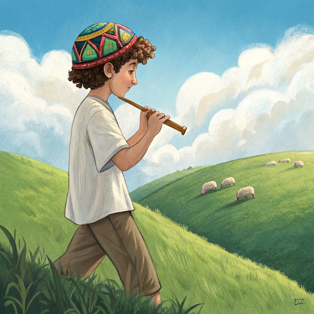 Youthful Jewish Boy Serenely Plays Flute in Lush G... - AI Art