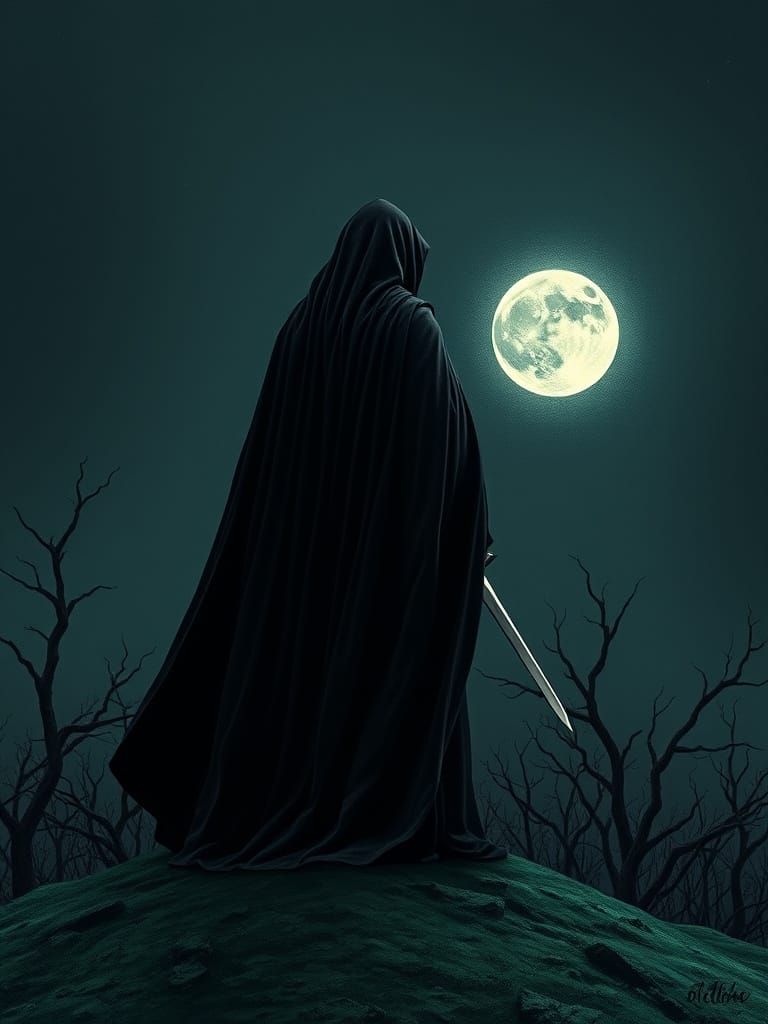 Shrouded Figure Contemplates Majestic Moonlit Land... - AI Art
