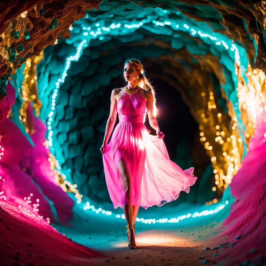 Woman in pink dress walking through a cave filled with glinstering ...