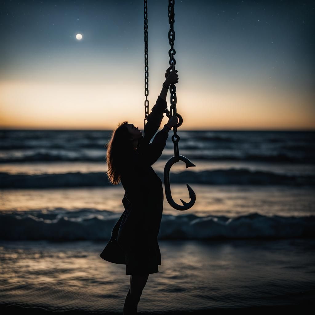 woman on massive fishhook being lifted by chain from ocean Full body, low camera, moonlight ...