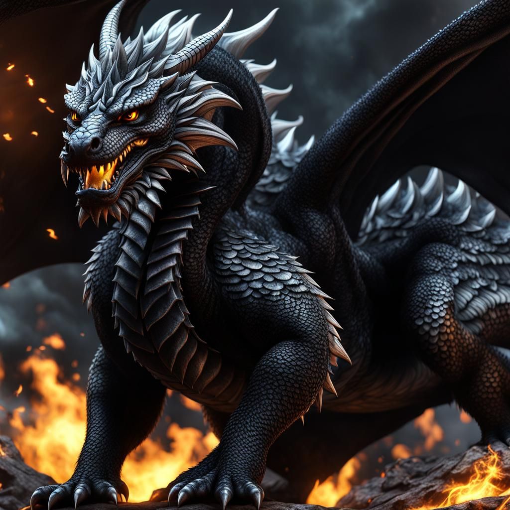 Fierce full body obese dragon, large sparkling pitch black eyes ...
