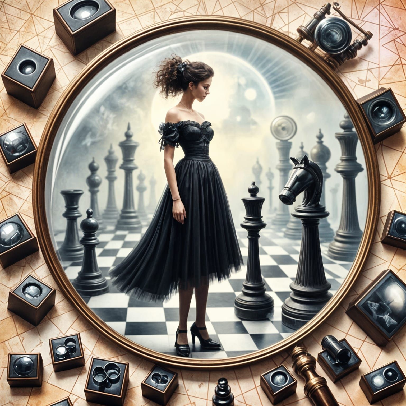 A woman inside a magnifier in black and white chessboard geometric shapes