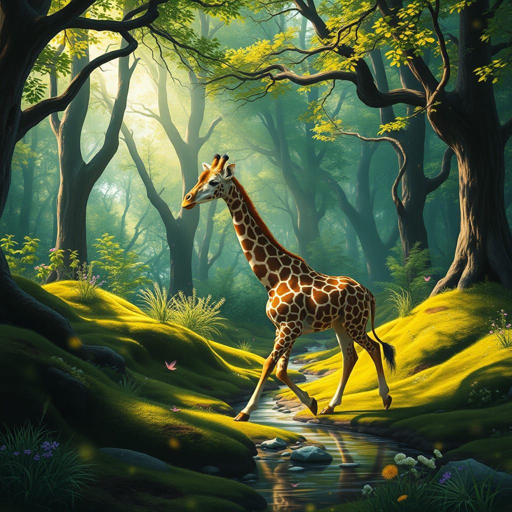 A peaceful giraffe roams a mystical forest. A peaceful giraffe roams a ...
