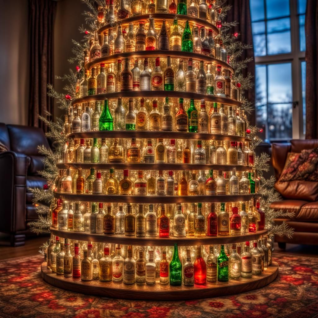 Christmas tree made of old liquor bottles in a festive living room ...