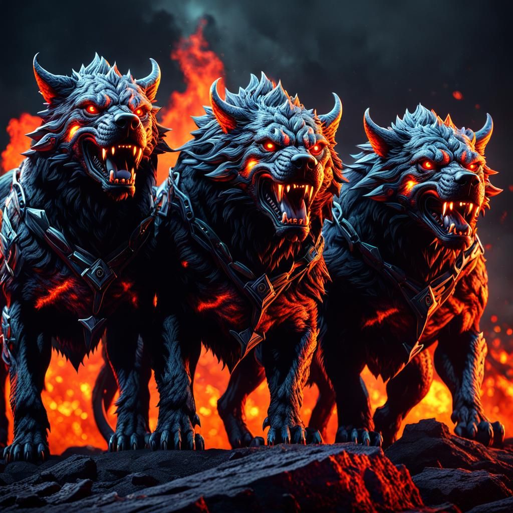 splendid and hellish view of a mighty Cerberus, three fearful heads, epic view, RPG style ...