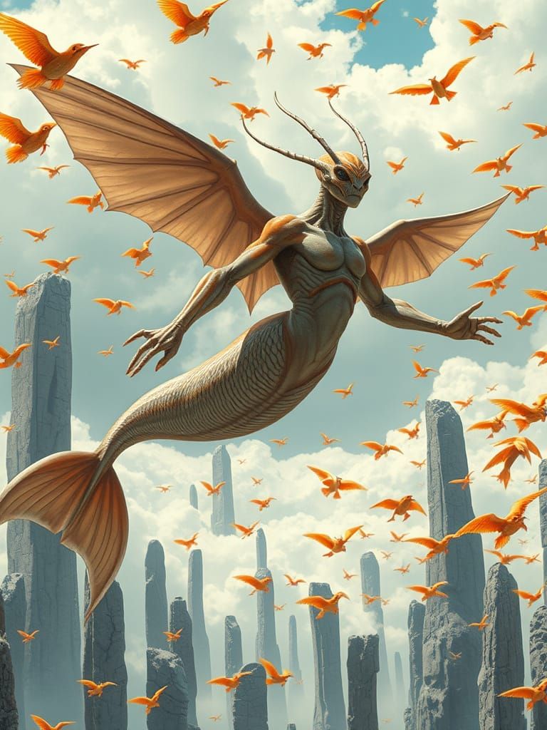 Merman in Dynamic Flight Amidst Science Fiction La... - AI Art