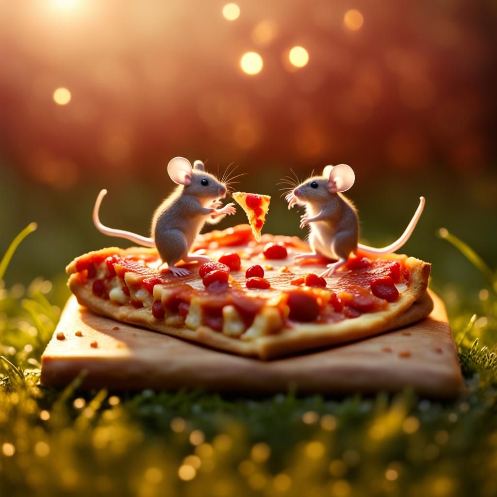 Photograph, Macro, mice love to eat square pizza on the meadow, depth ...