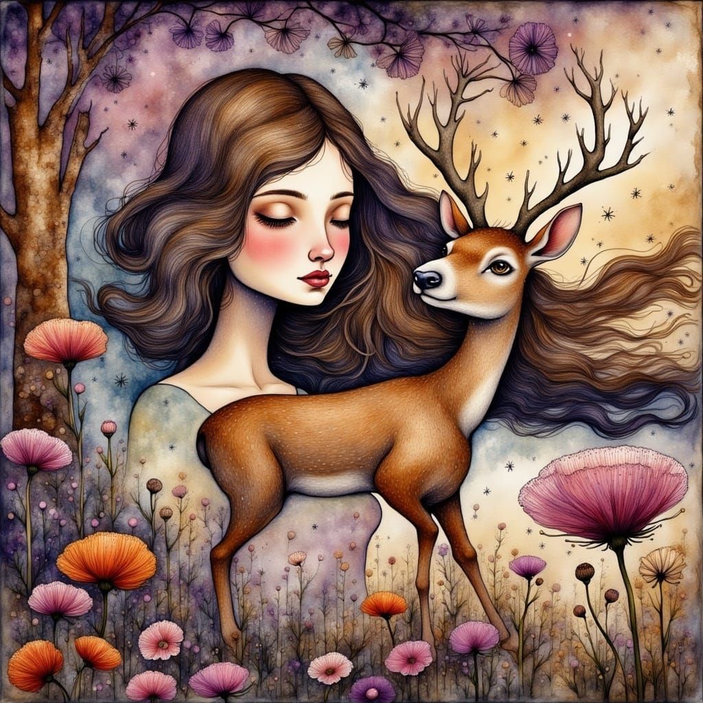 Whimsical deer and cute girl - Whimsical deer and cute girl