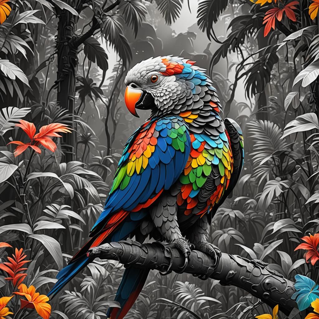 A cyborg tropical parrot, intricately shaped, colorful, red-orange ...