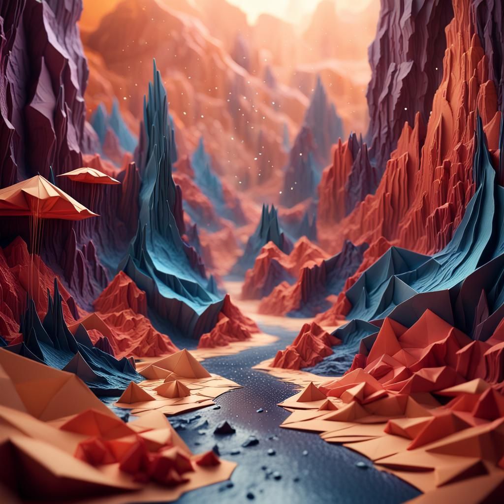 Abstract art paper art origami diorama, The first rain in years in a ...