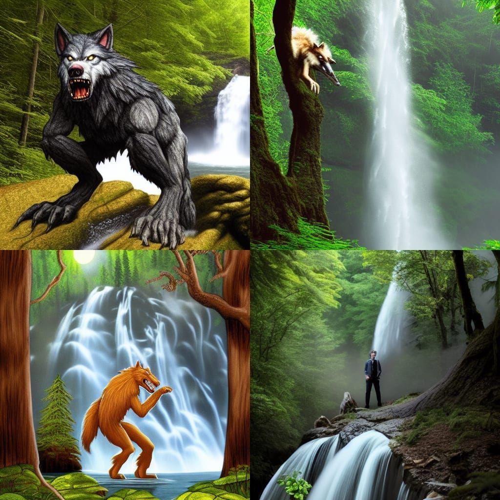 E.g. Werewolf in a forest near a waterfall : r/nightcafe