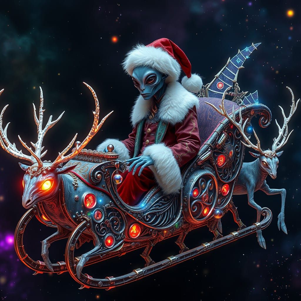 alien in a Santa suit, rides an intergalactic sleigh pulled by alien ...