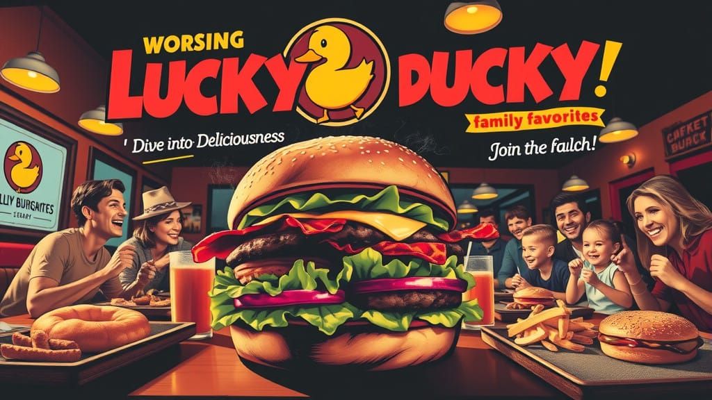 A colorful, dynamic poster for "Lucky Ducky" family burger joint ...