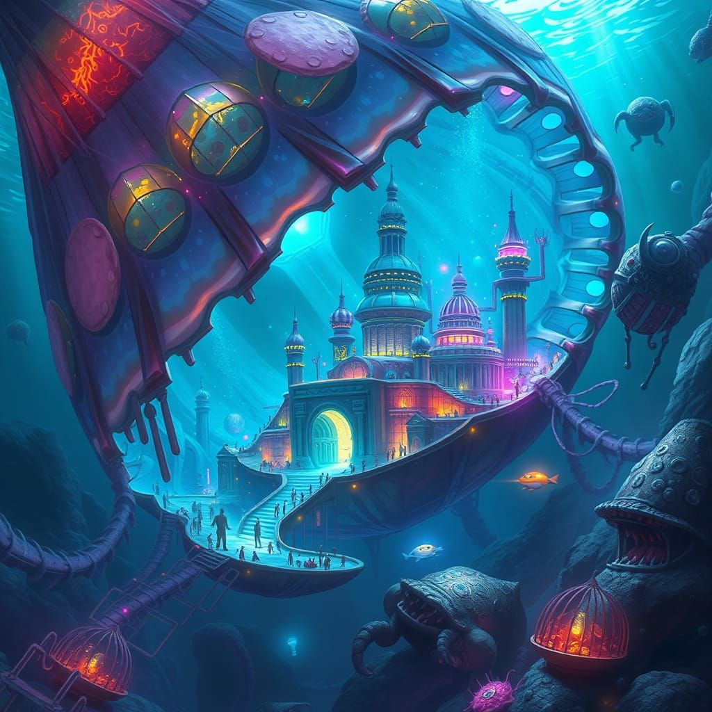 Cyberpunk Bioluminescent City Inside Giant Jellyfi... - AI Art