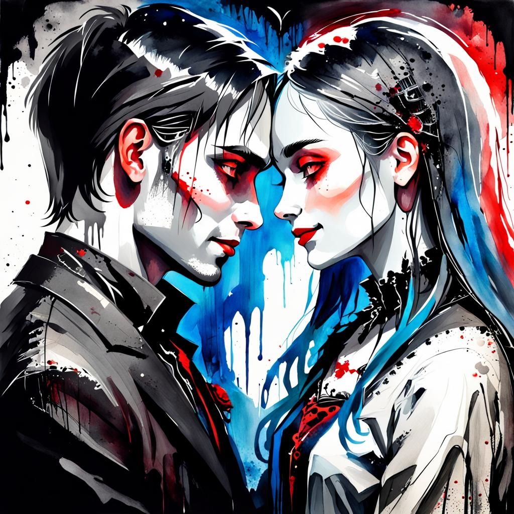 Emotional portrait of beautiful gothic couple ,they look lovingly into ...